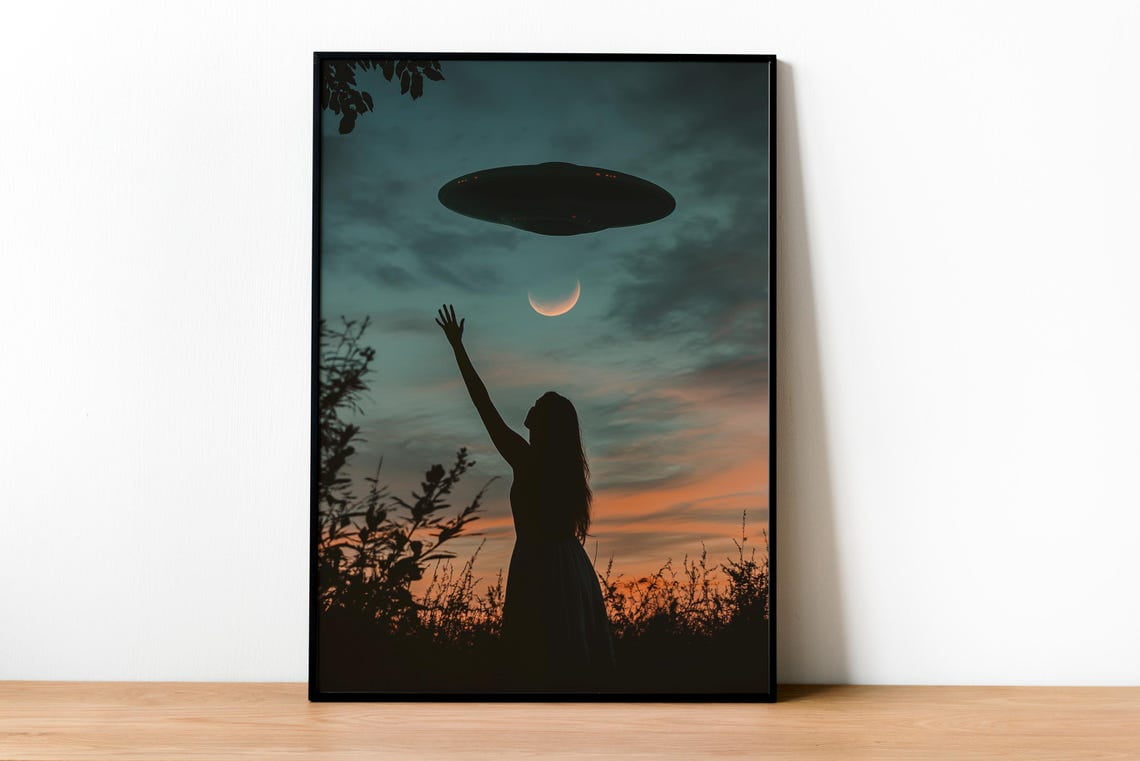 Girly UFO Flying Saucer Wall Art, Unframed Paper Print Size 8x12 ...