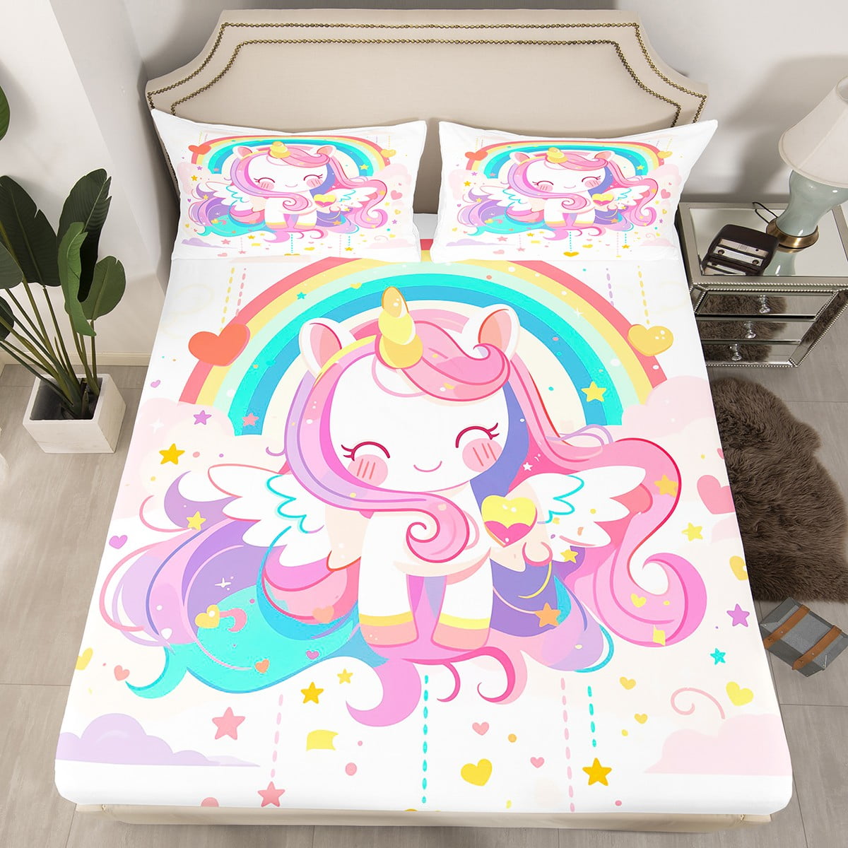 Girly Unicorn Bed Sheets Set Queen,Kids Rainbow Unicorn Bedding Set for ...