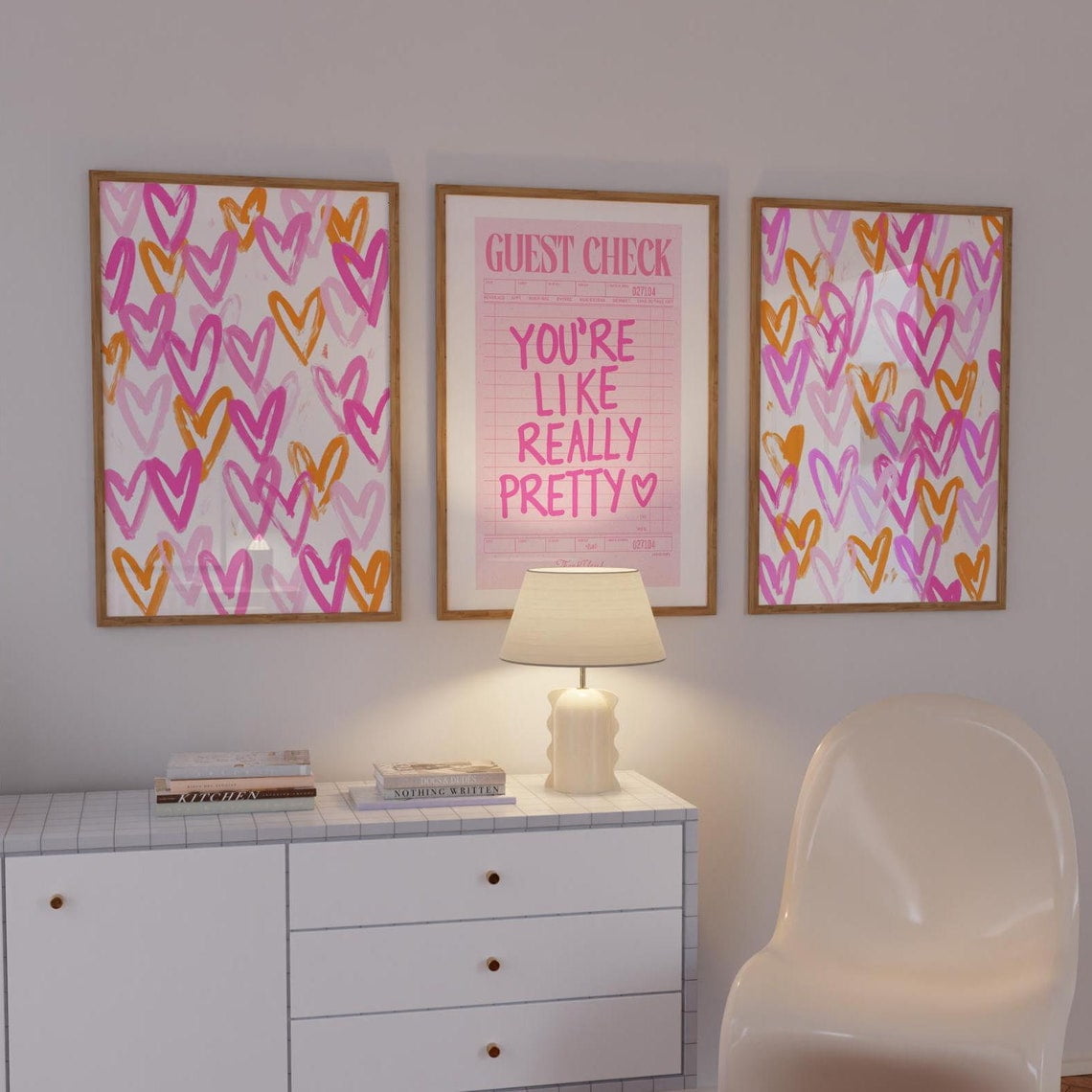 Girly Wall Art Print Set Of 3 S Pink And Orange Heart Graffiti Poster ...