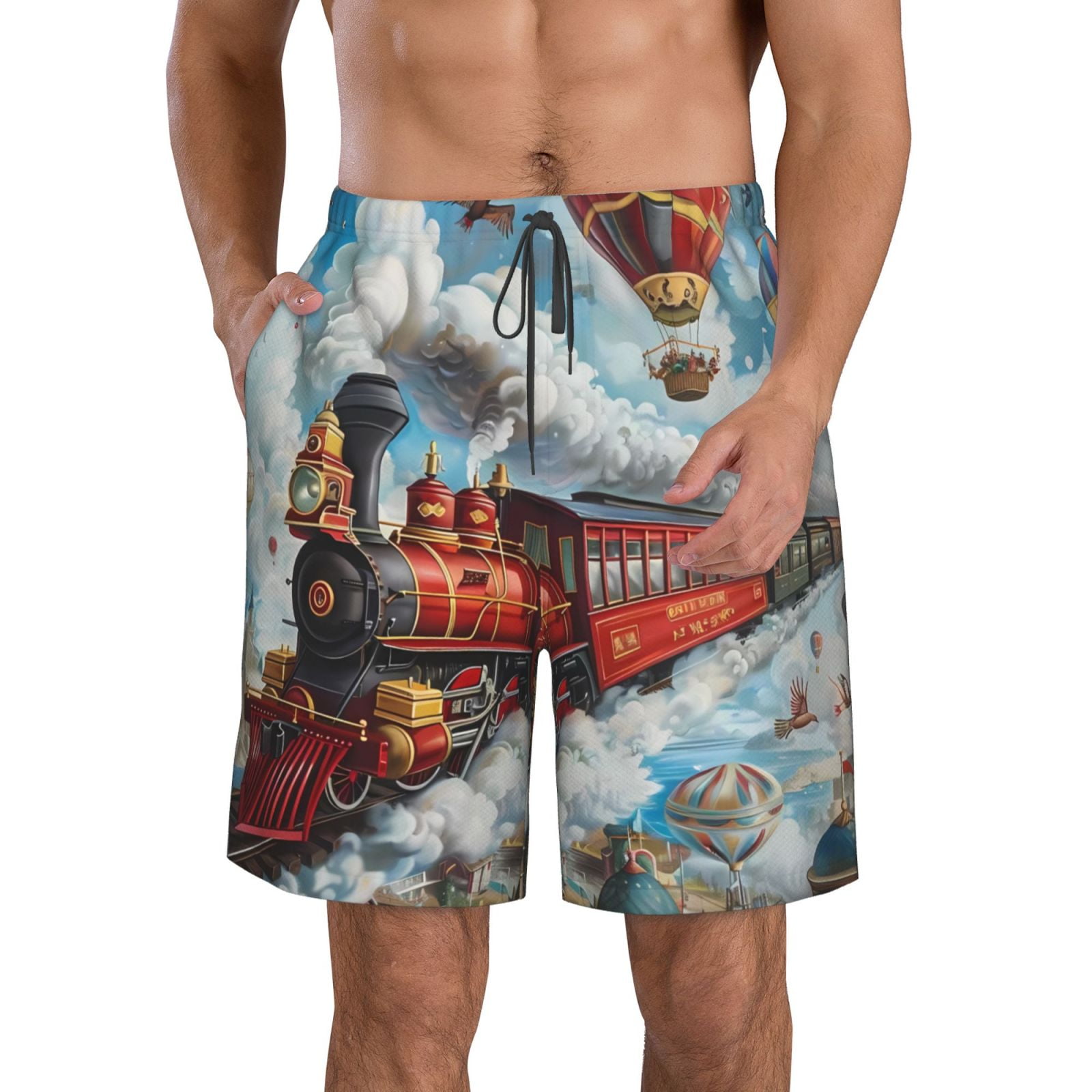 Giroia Red Train Hot Air Balloon for Mens Casual Shorts - Drawstring ...