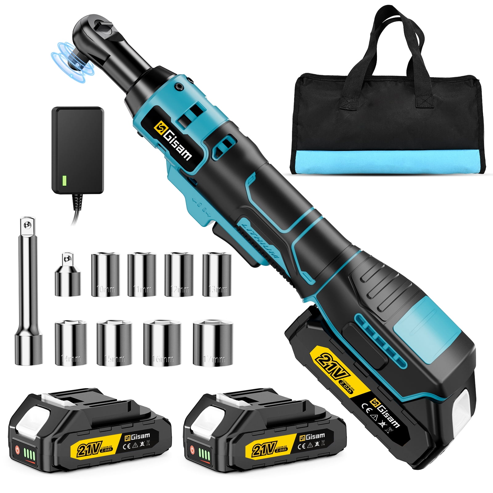 Gisam 21V Max 3/8'' Cordless Ratchet Wrench with Brushless Motor, 2 x 2 ...