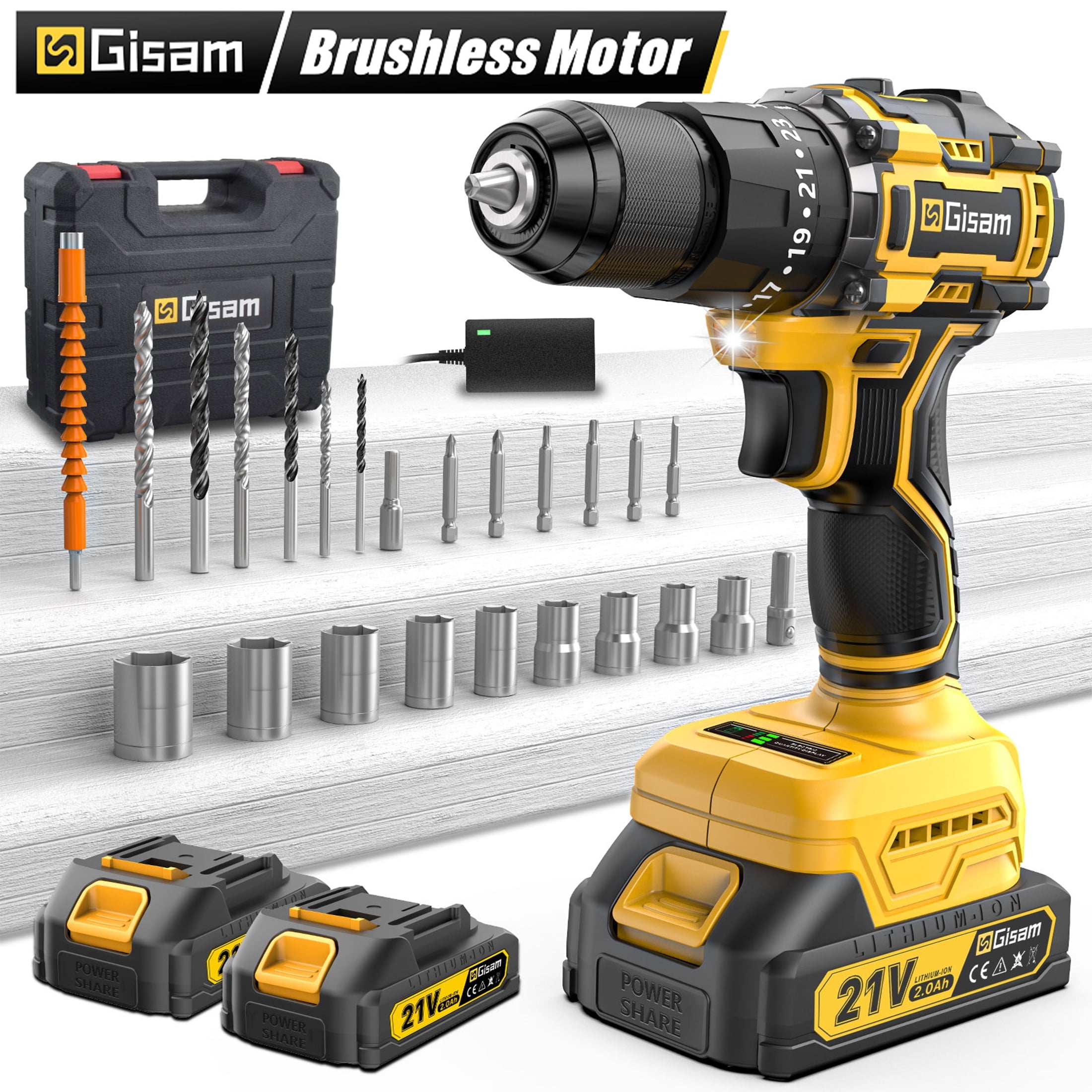 Gisam 3/8” Brushless Drill/Driver Kit,21V 55Nm Max 23+3 Torque 2 Speed Cordless Hammer Drill ...