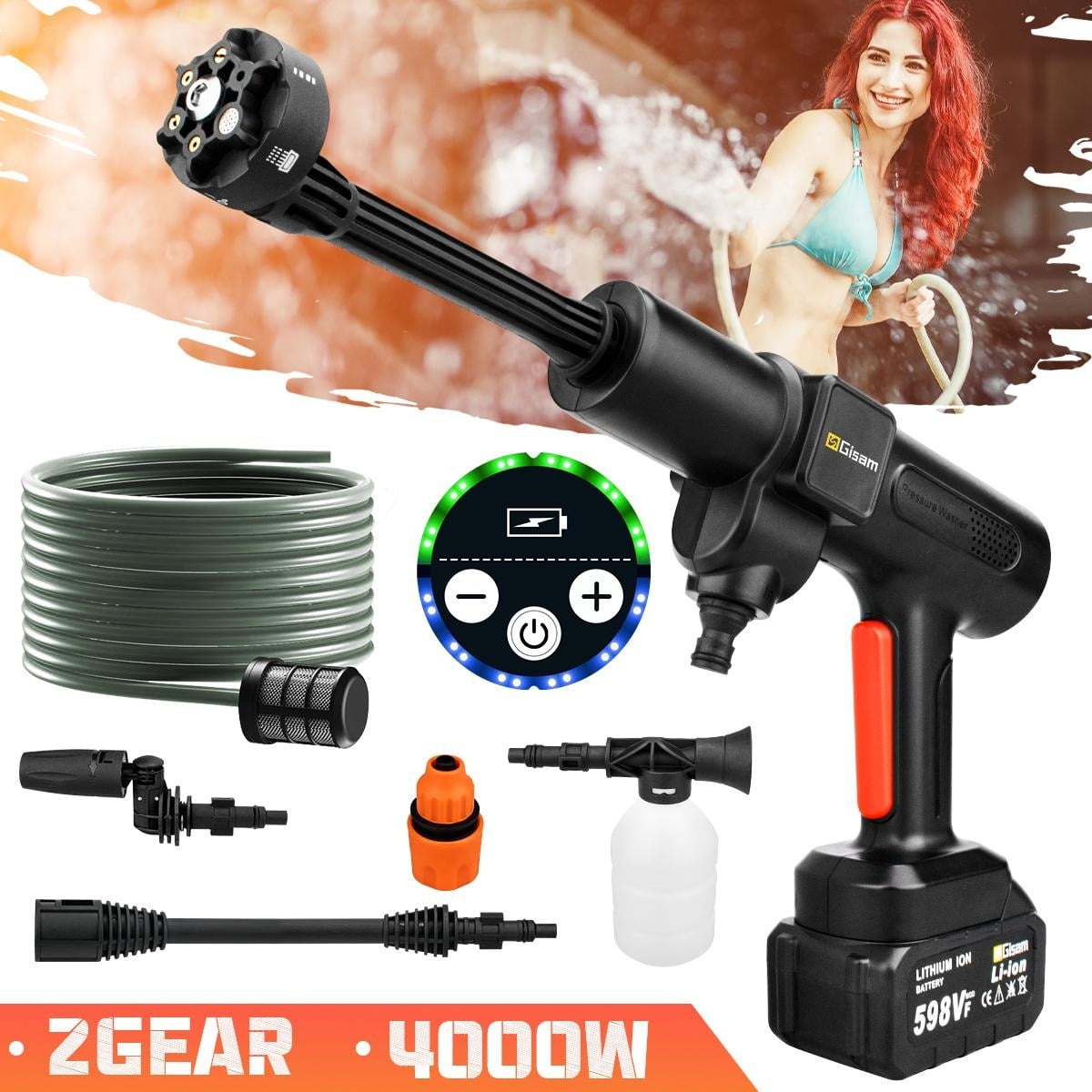 Gisam 4000W Cordless Pressure Washer,Portable Battery Power Washer with ...