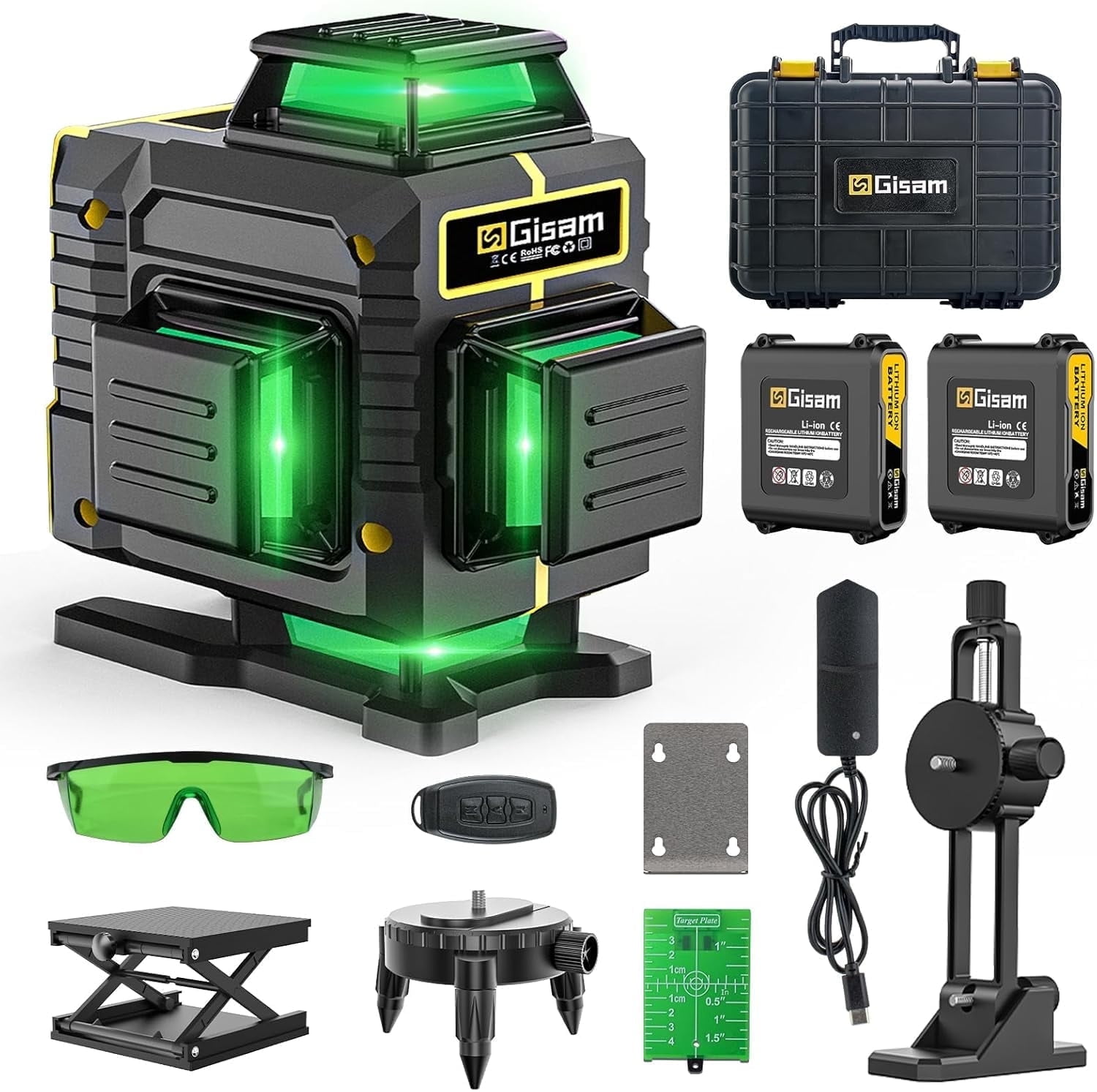 Gisam Laser Level, 4x360° Self-Leveling Green Cross Line 4D 16 Lines ...