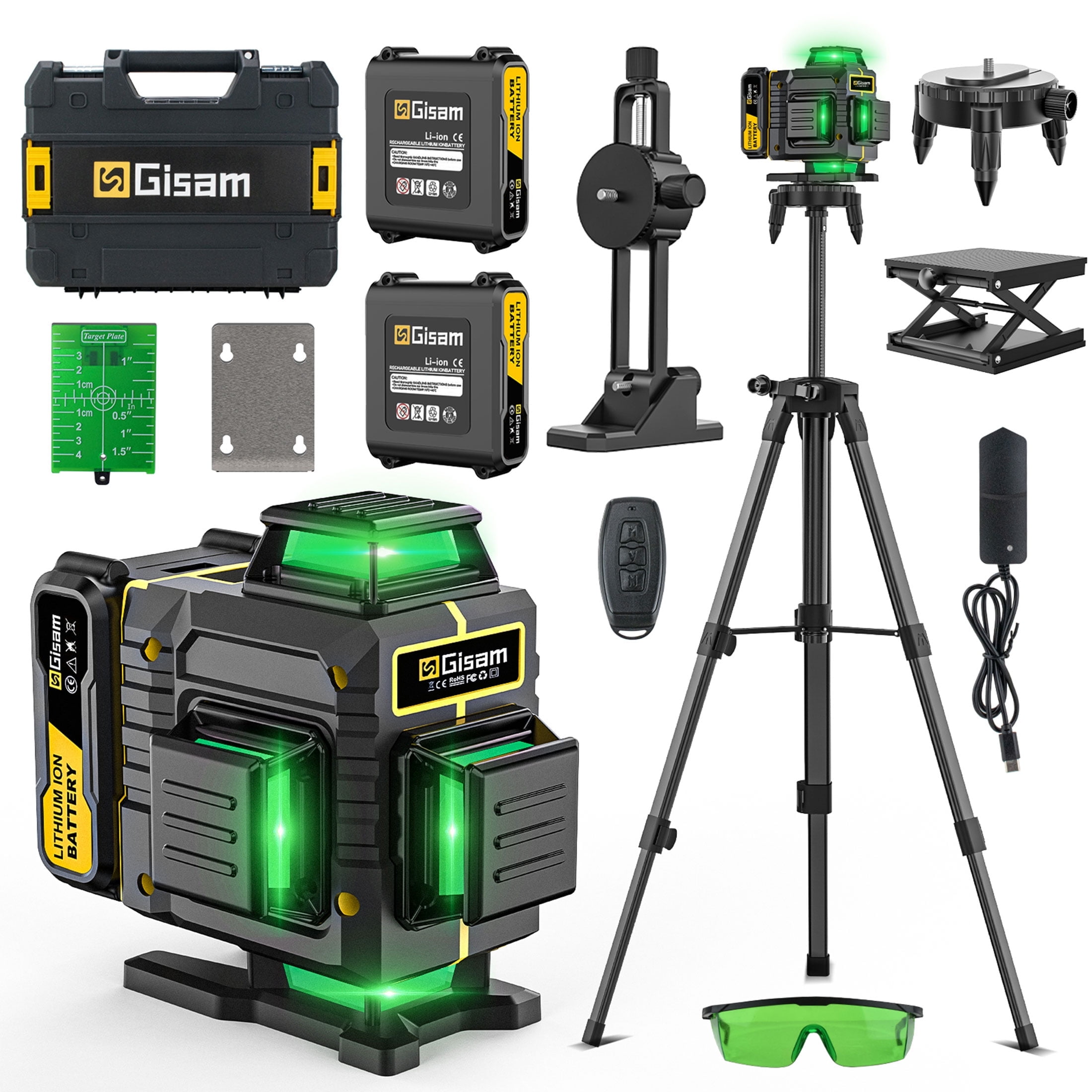 Gisam Laser Level Self-Leveling with tripod , 4x360° Green Cross Line 4D Laser Tool with Remote ...