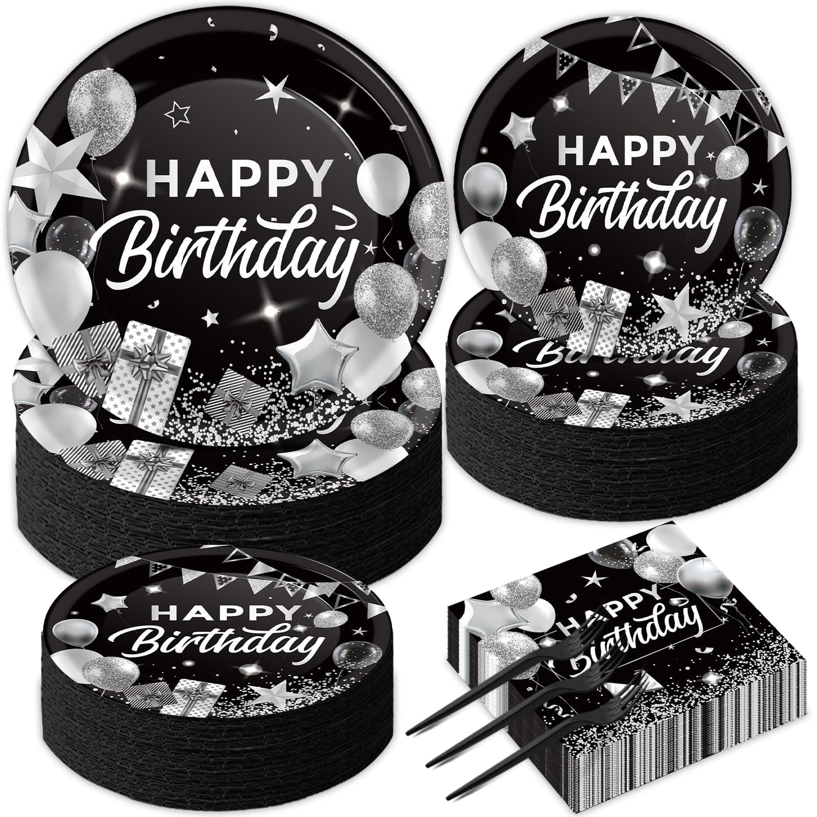 Gisgfim 200PCS Black and White Silver Happy Birthday Party Decorations ...