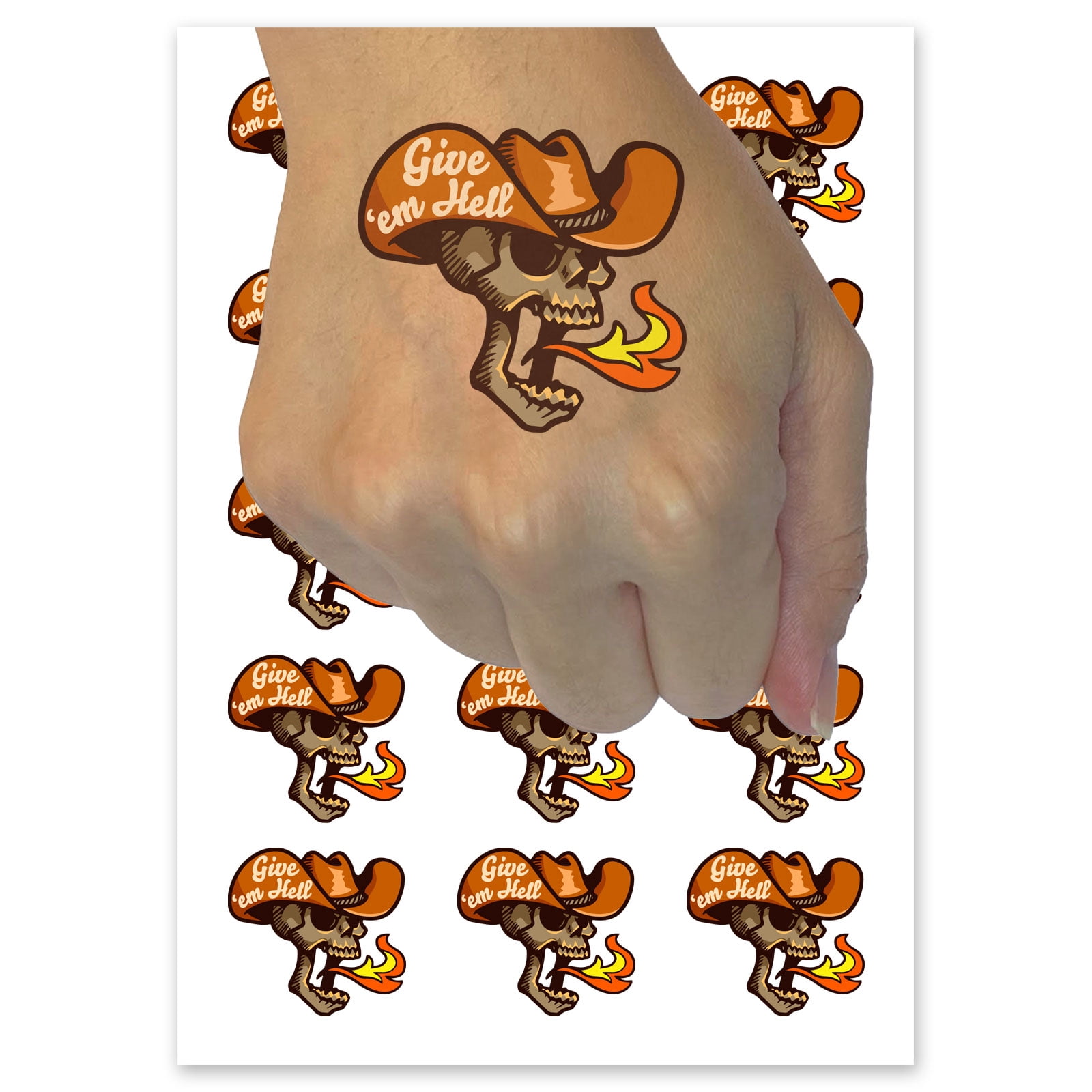 Give 'Em Hell Cowboy Hat Skull Breathing Fire Temporary Tattoo Water ...