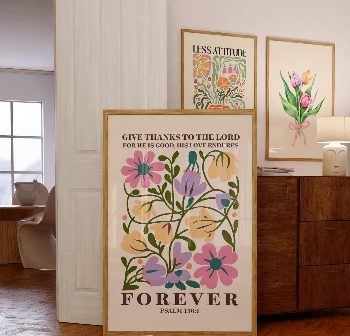 Give Thanks To The Lord Print, Psalm Scripture, Floral Retro Christian ...