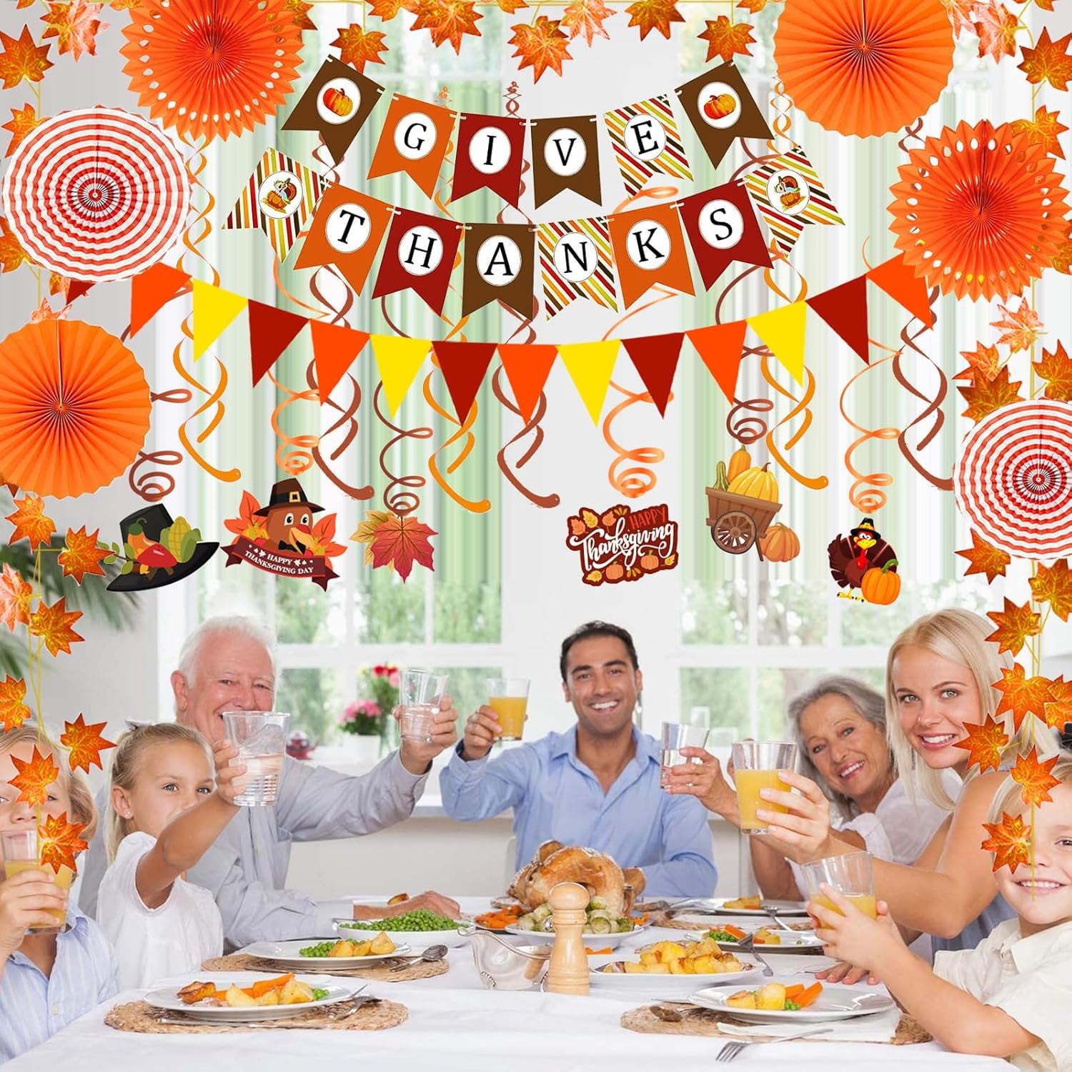 Give Thanks Pumpkin Maple Leaf Paper Banner Bunting Garland Paper Fan ...