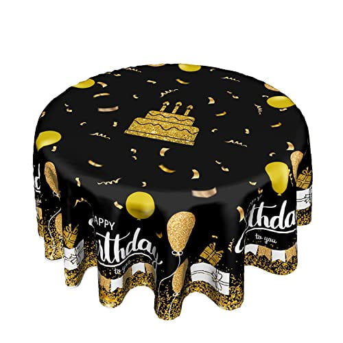 Giwawa Happy Birthday Round Tablecloth 60" Black Gold Birthday Cake ...