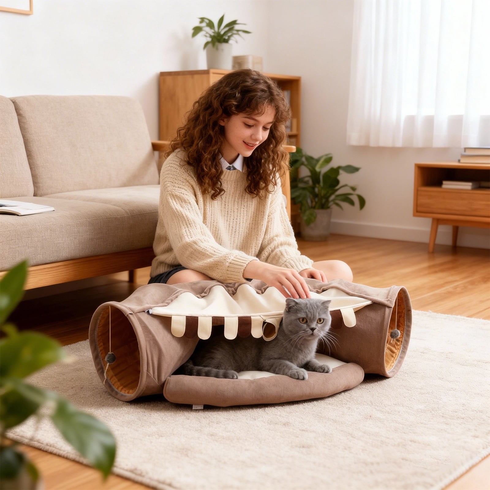 Gizizai Foldable Cat Tunnel Shell Channel, Brown, Interactive Rolling ...