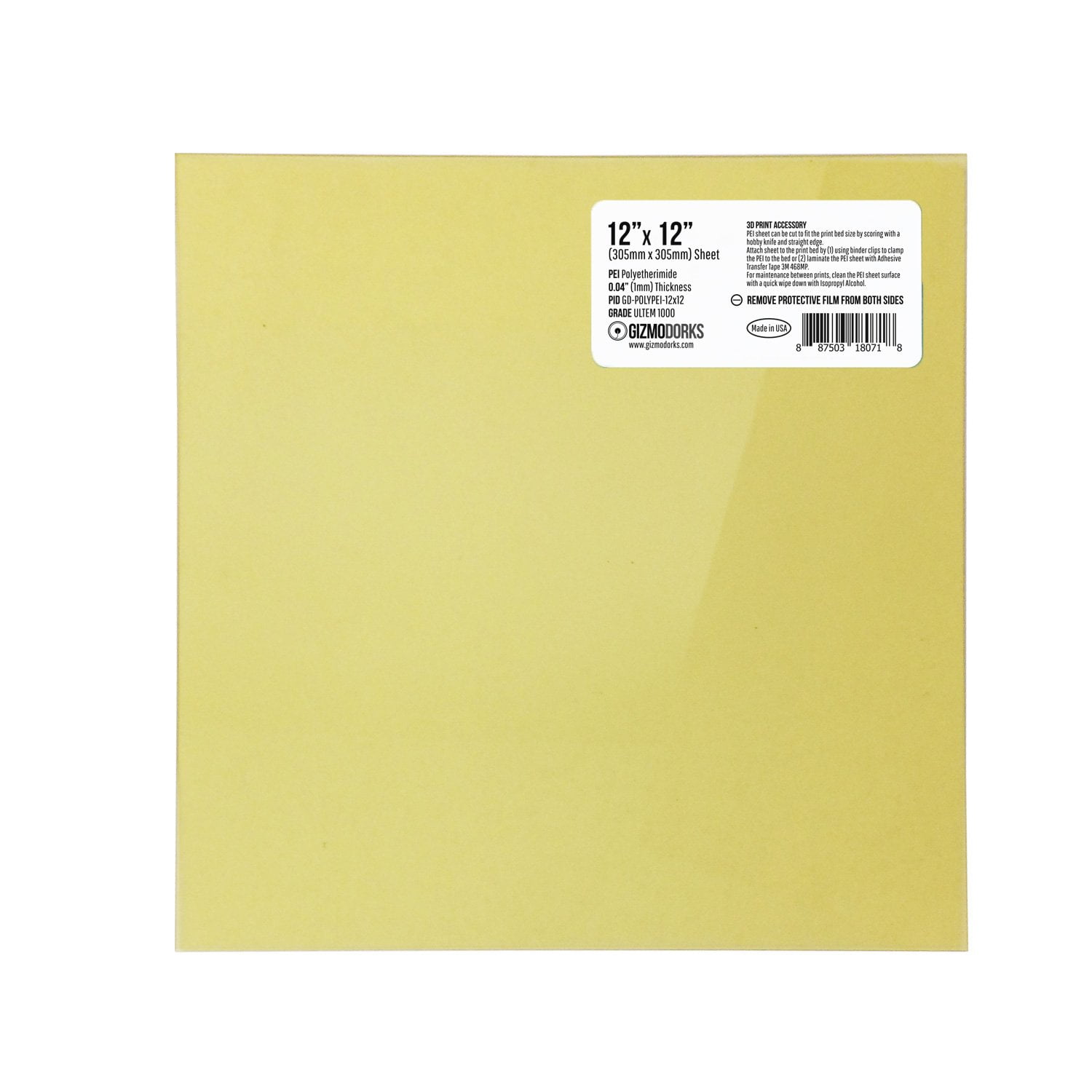 Gizmo Dorks PEI Sheet 12" x 12" (305mm x 305mm) 1mm Thick 3D Printer ...