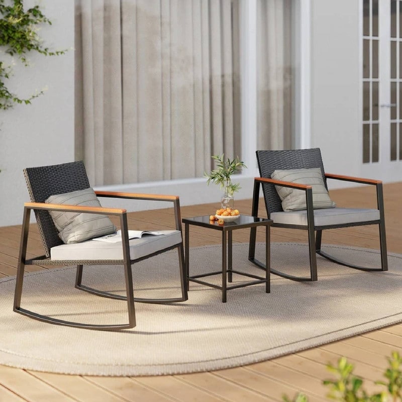 Gizoon 3 Piece Rocking Patio Bistro Set Wicker, Rocking Chair Pub Set ...