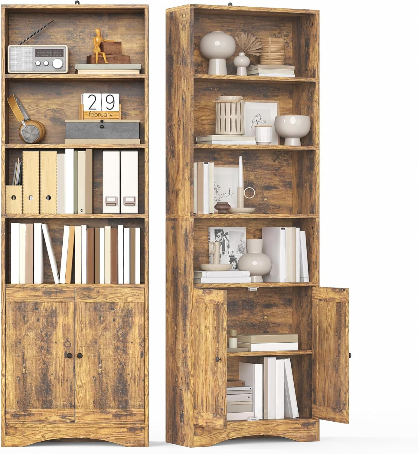 Gizoon Bookcase with Doors, 71” 6-Shelf Bookcase, Floor Standing ...