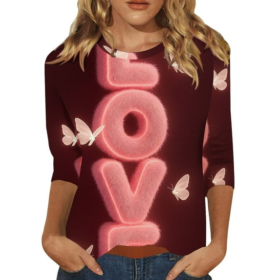 Gkeoshab New Women's Valentine's Day Heart Print T-Shirt Casual Cute ...