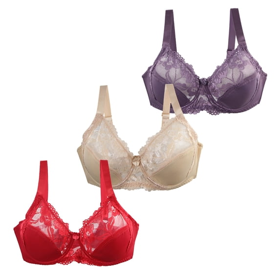 Gkeoshab Nursing Bras 3PC Women's Plus Size DEF Cup Lace Mesh Bras ...