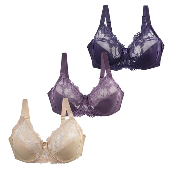 Gkeoshab Sports Bras for Women 3PC Women's Plus Size DEF Cup Lace Mesh ...
