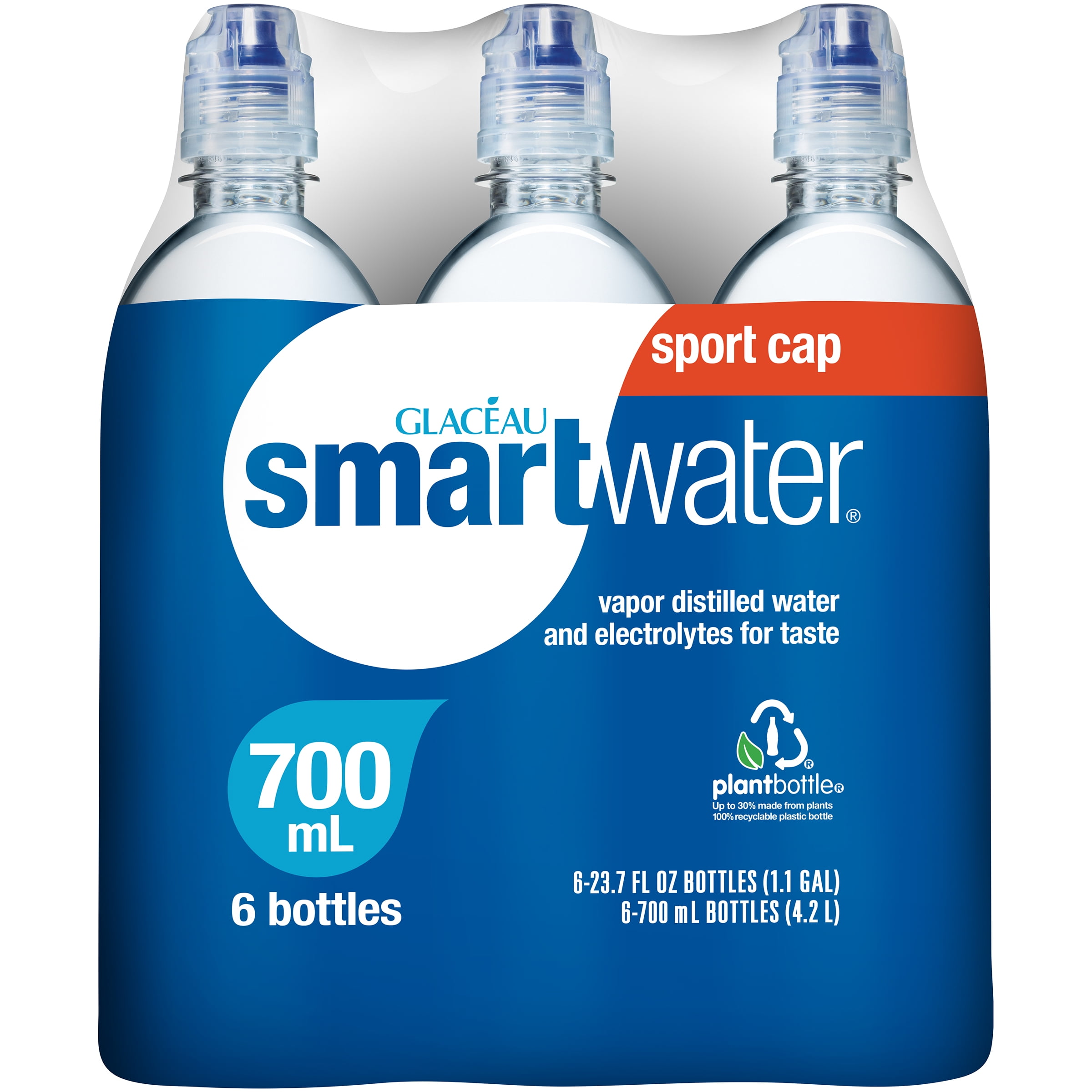 Smartwater Vapor Distilled Premium Purified Water, 23.7 fl oz, 6 Count ...
