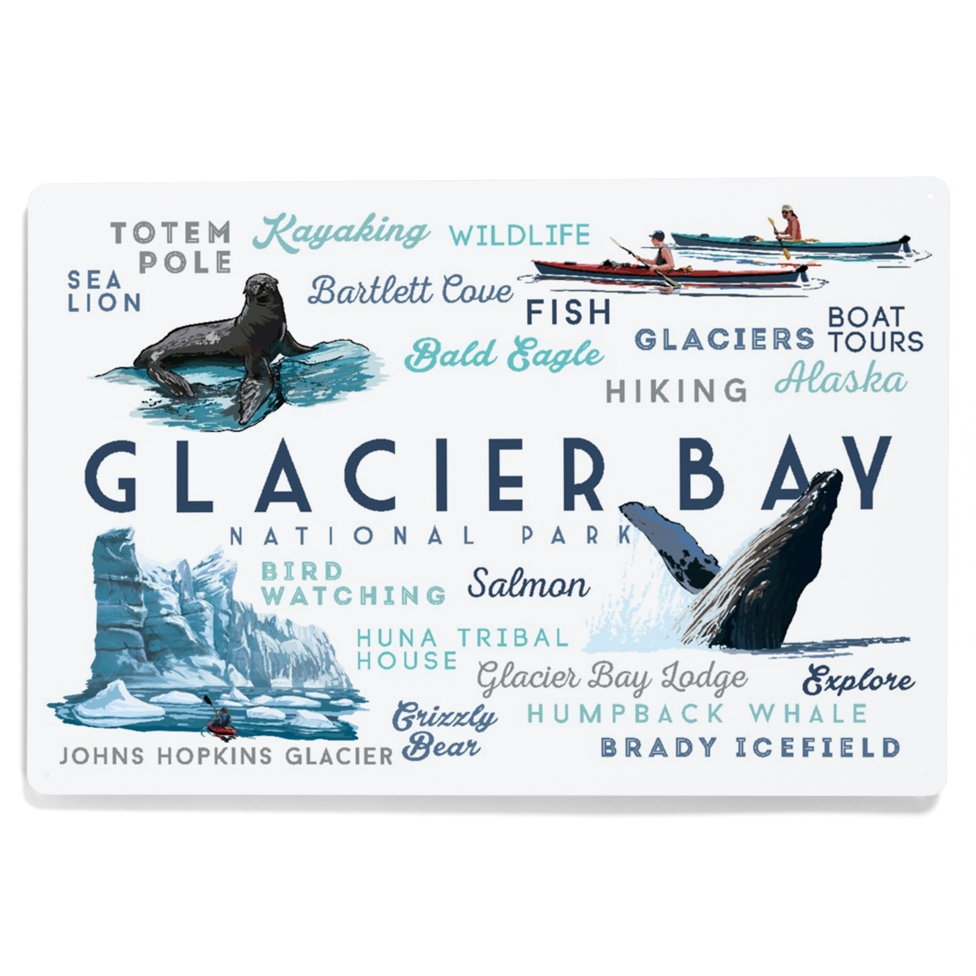 Glacier Bay National Park, Alaska, Typography and Icons (12x18 Aluminum ...