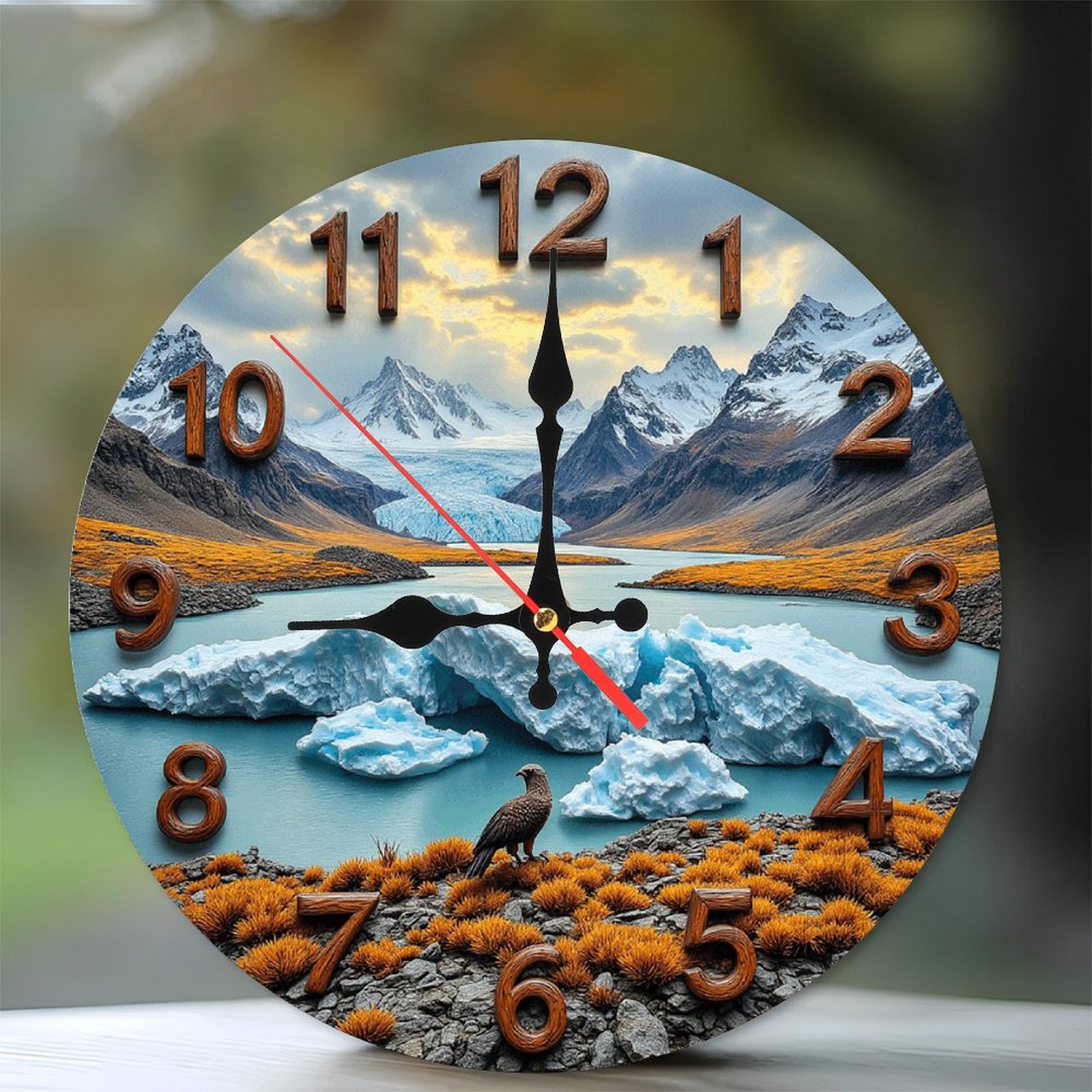 Glacier Lake Mountain Landscape Wall Clock 10-Inch Silent Wooden Wall ...