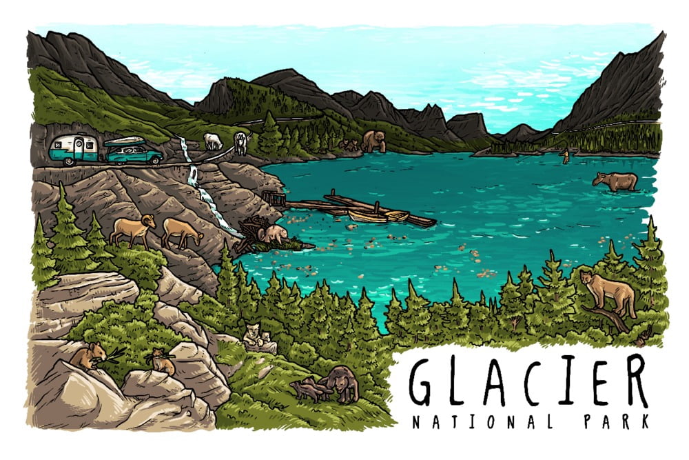 Glacier National Park, Montana, Line Drawing (12x18 Wall Art Poster ...