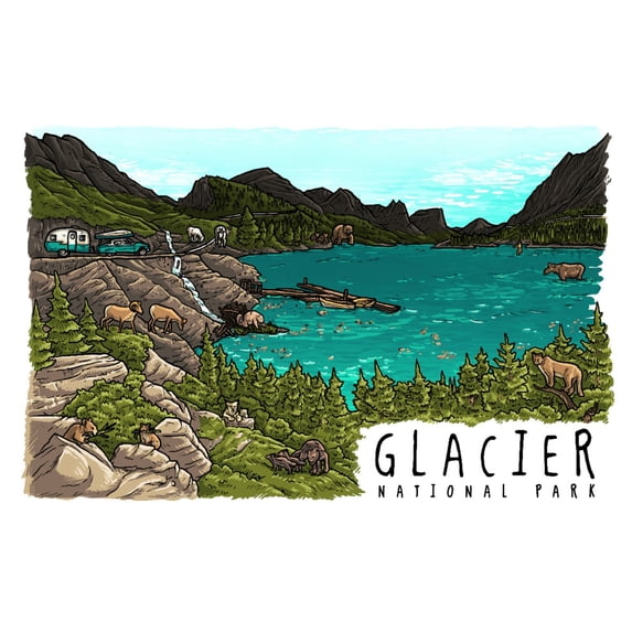 Glacier National Park, Montana, Line Drawing (16x24 Giclee Gallery Art ...