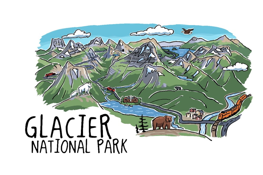 Glacier National Park, Montana, Line Drawing, Mountains (24x36 Giclee ...