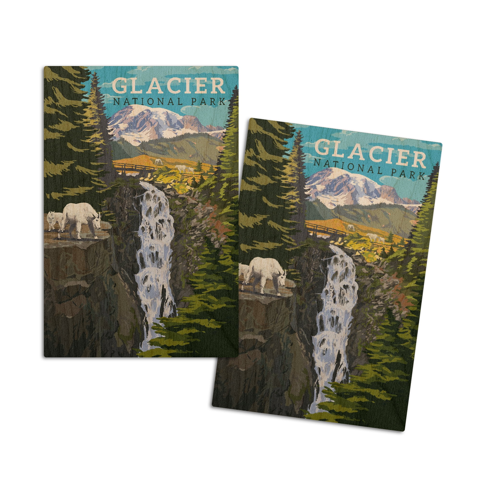 Glacier National Park, Montana, Mountain Goats and Waterfall (4x6 Birch ...