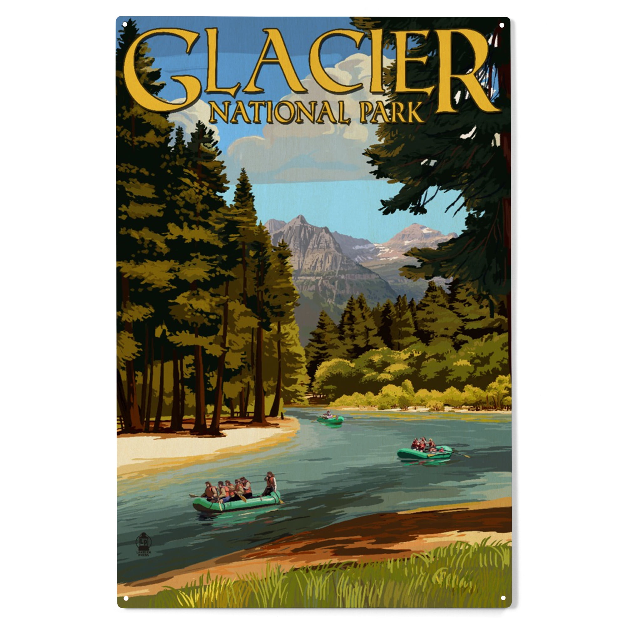 Glacier National Park, Montana, River Rafting Birch Wood Wall Sign ...