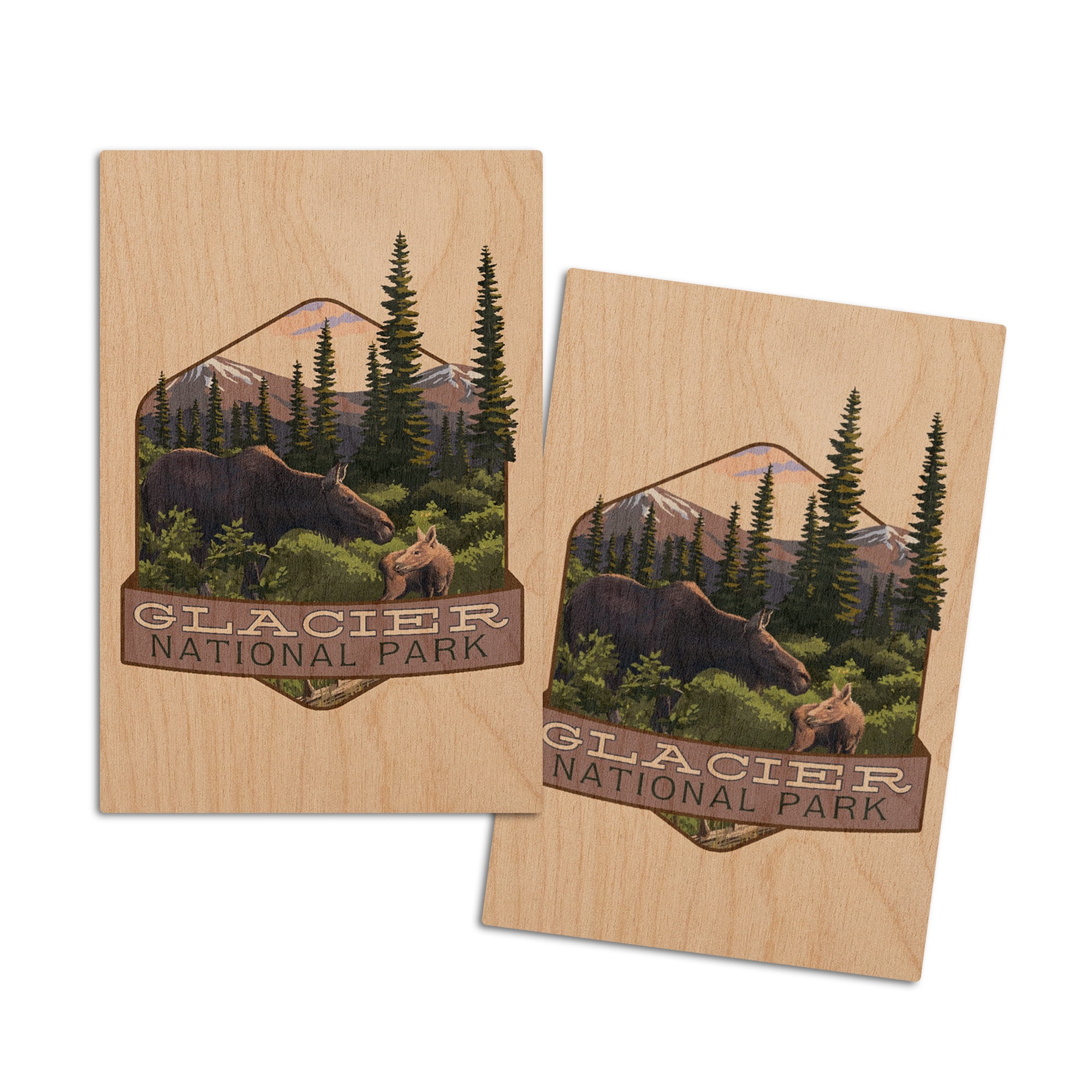 Glacier National Park, Moose and Baby Calf, Contour (4x6 Birch Wood ...
