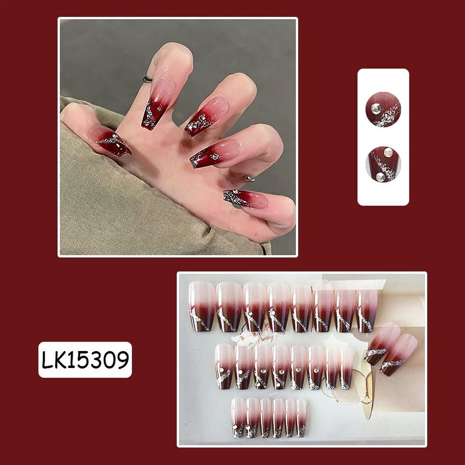 Glacier Rose Wearable Nail Patches Flashing Nail Art Semi-handmade False Nails Blood Red Nail ...