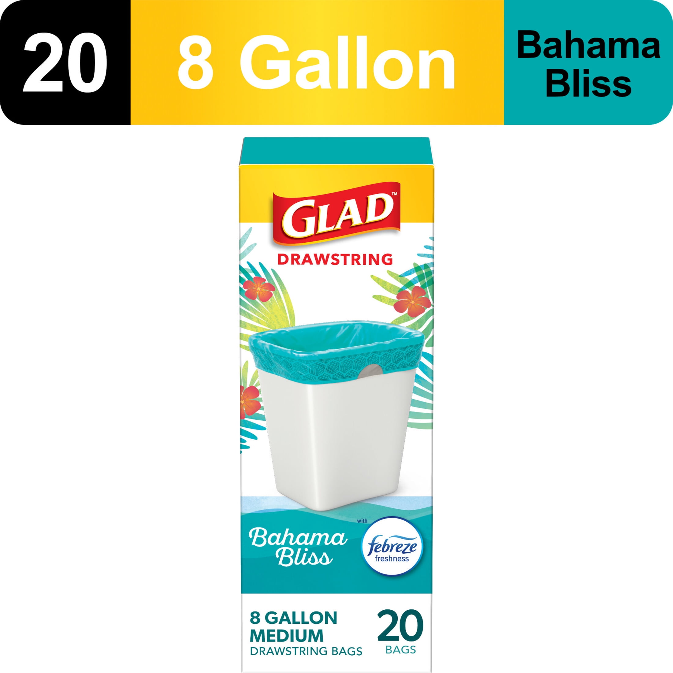 Glad Medium Drawstring Trash Bags, 8 Gallon, Teal, Febreze Bahama Bliss, 20 Count - Walmart.com