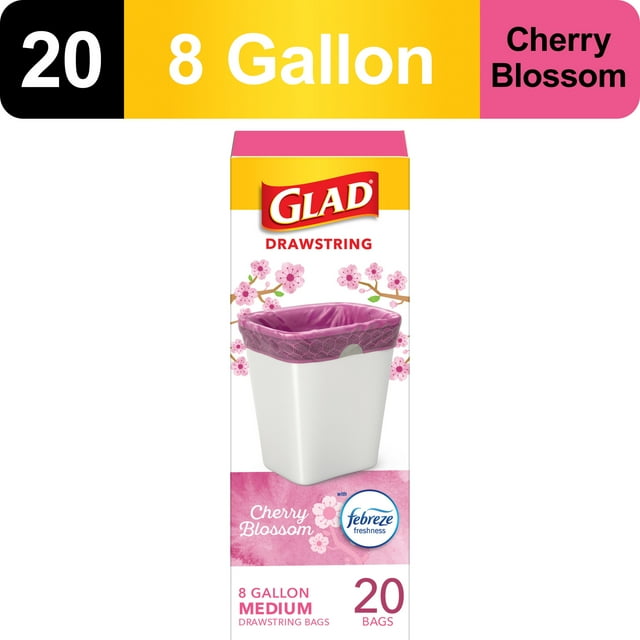 Glad OdorShield Garbage Bags, Medium 8 Gallon, Febreze Cherry Blossom ...