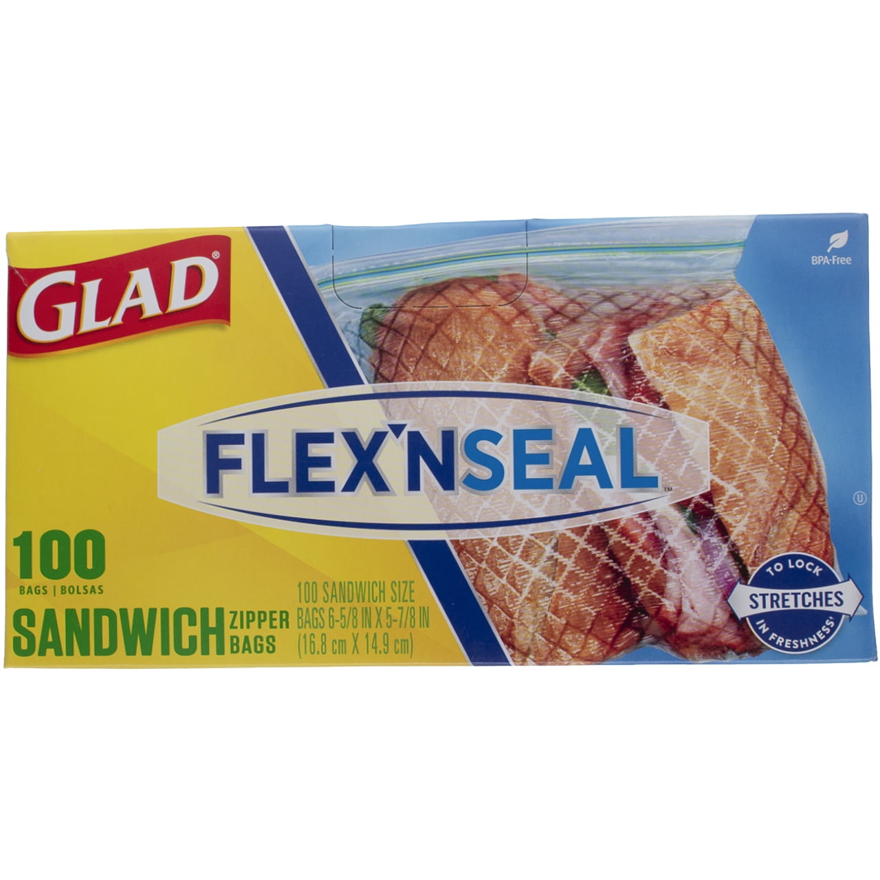 Glad FLEX N SEAL Sandwich Zipper Bags, 16.8 cm X 14.9 cm, 12 oz, 100 Ct ...