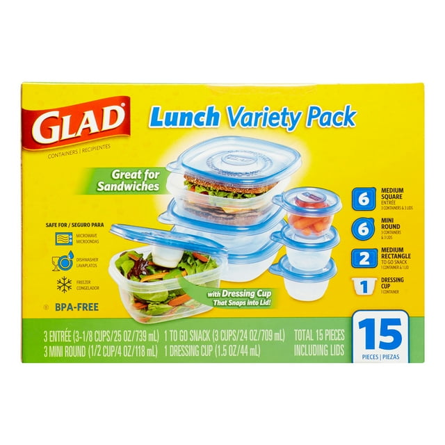 Glad Reusable Plastic Food Storage Containers, Variety Pack, 15 Ct ...