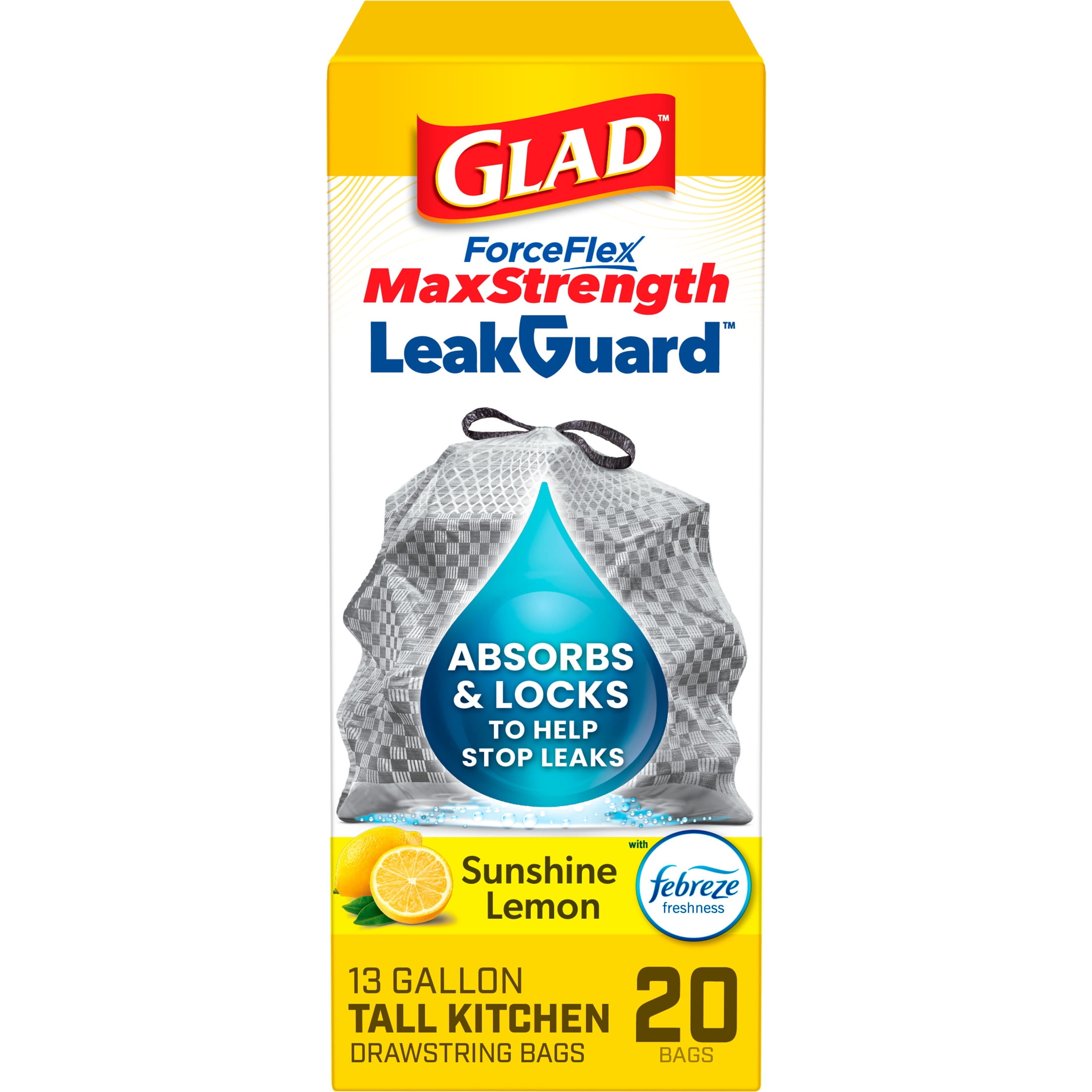 Glad ForceFlex MaxStrength LeakGuard Tall Kitchen Trash Bags, 13 Gal ...
