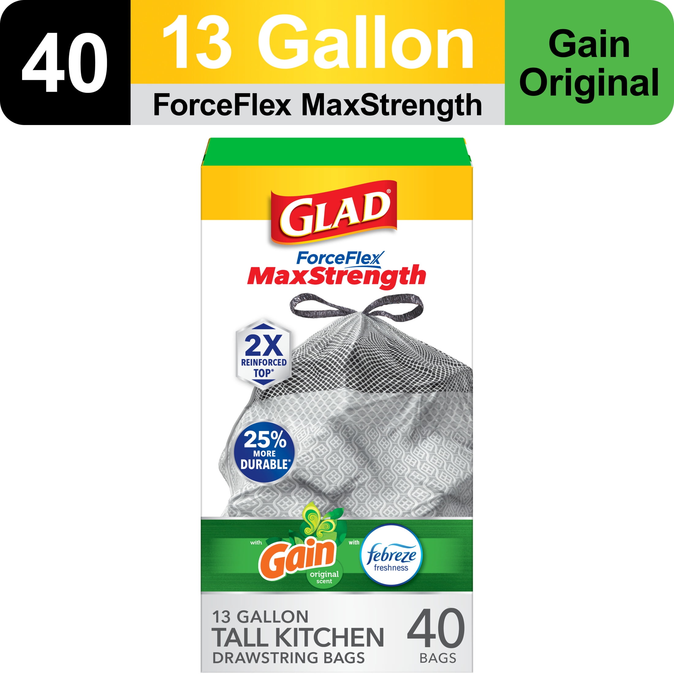 Glad ForceFlex Max Strength Trash Bags, Gain Original Scent, 13 Gallon ...