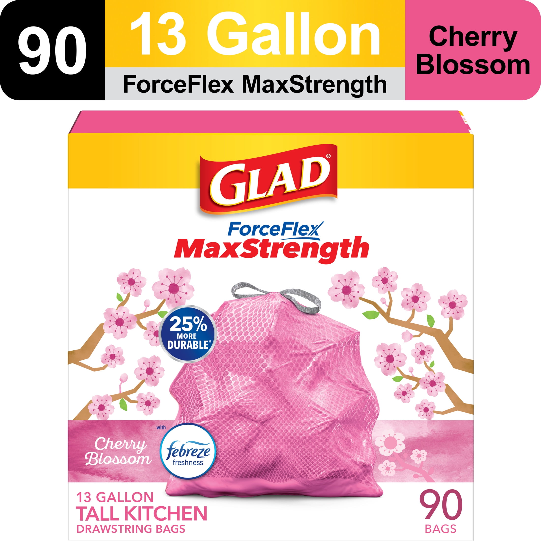 Glad ForceFlex Plus 13 Gal Kitchen Trash Bags, Febreze Cherry Blossom ...