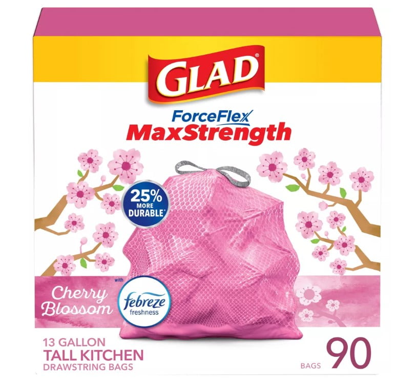 Glad ForceFlex MaxStrength Pink Trash Bags, Cherry Blossom Scent, 13 ...