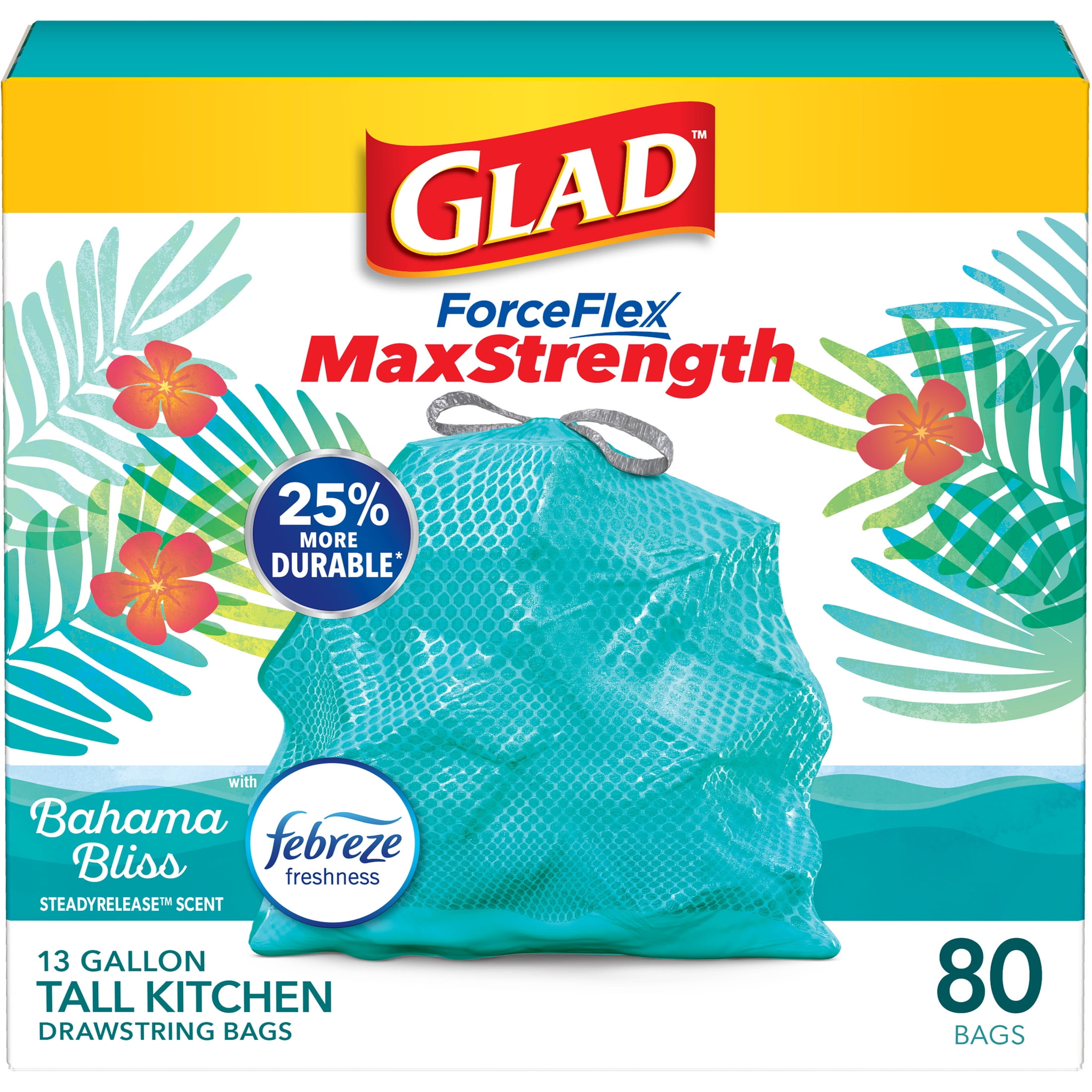 Glad ForceFlex MaxStrength Tall Kitchen Drawstring Trash Bags, 13 ...