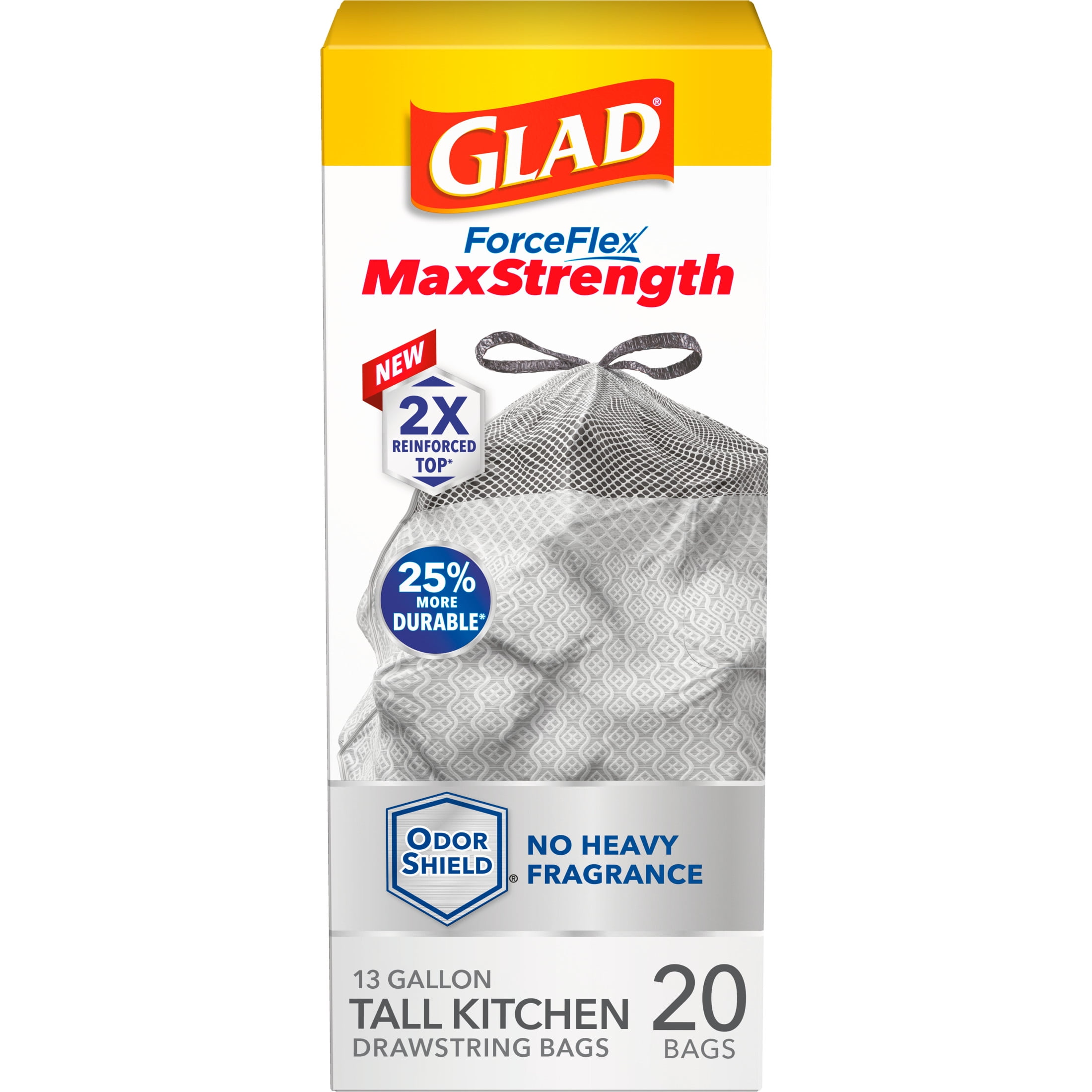Glad ForceFlex MaxStrength Drawstring Trash Bags, 13 Gallon, Odor ...
