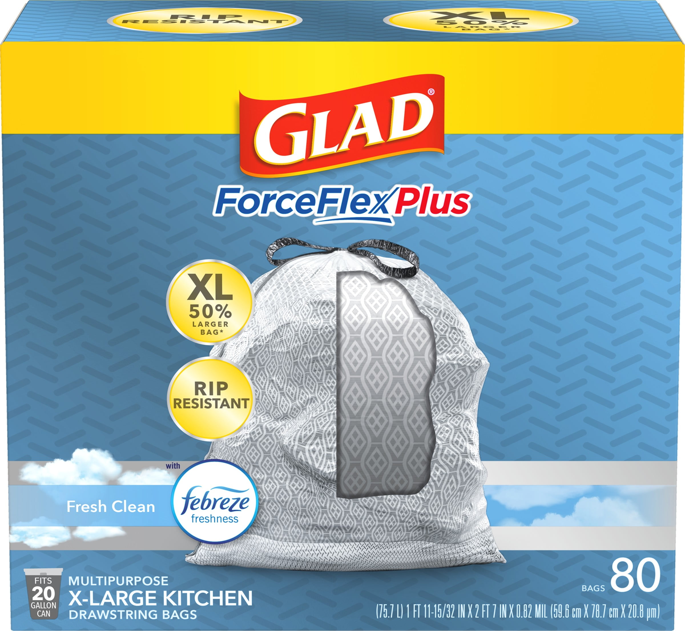 Glad ForceFlex Plus 20 Gallon Gray Drawstring XL Kitchen Trash Bag ...