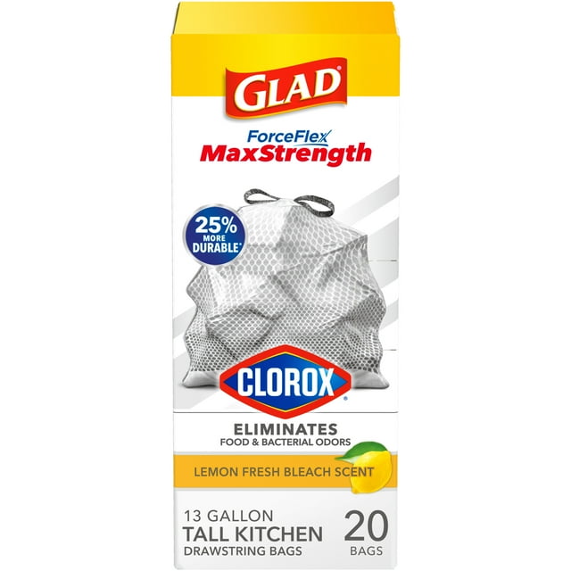 Glad ForceFlex MaxStrength with Clorox 13 Gallon Kitchen Trash Bags, Lemon Fresh Bleach, 20 Bags ...
