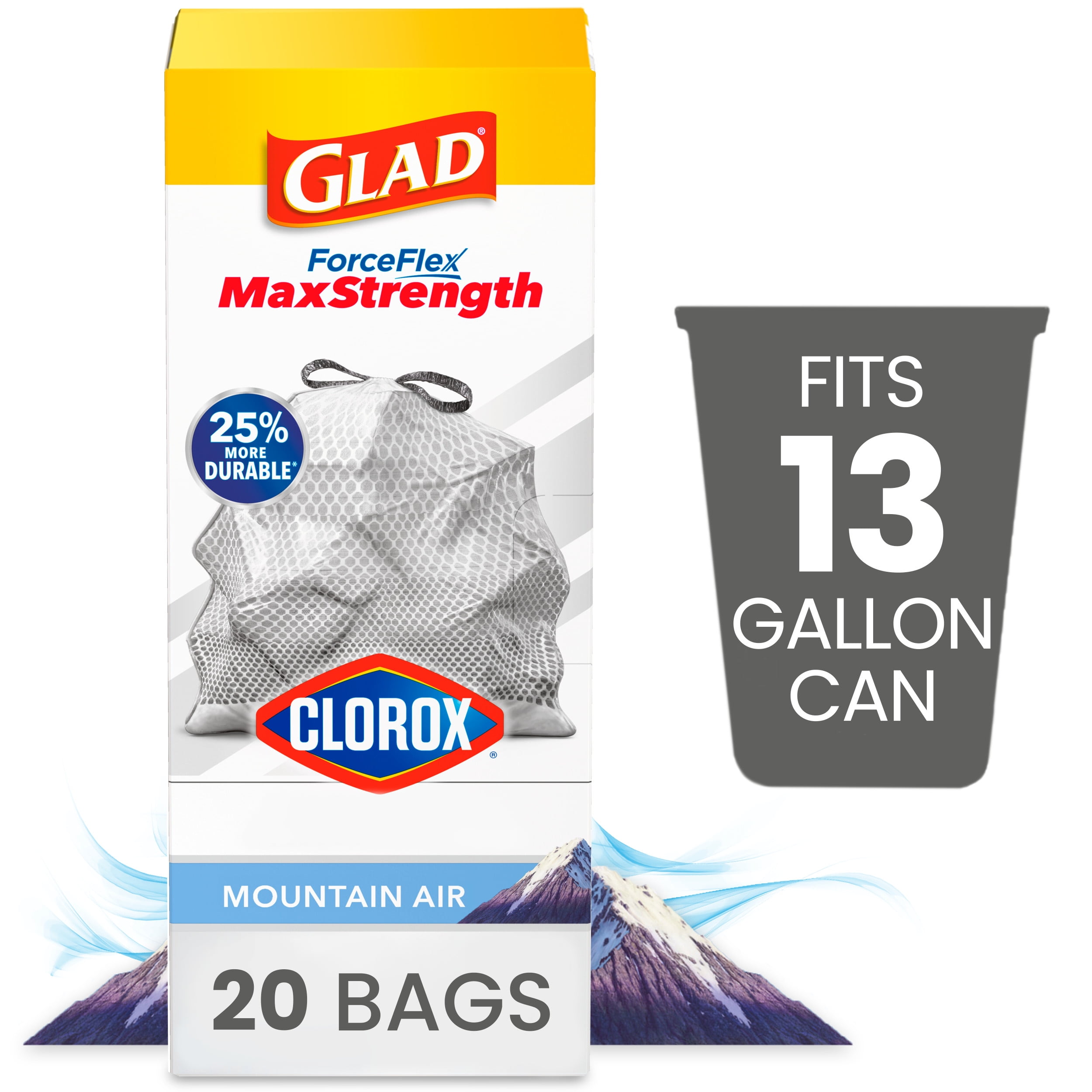 Glad ForceFlex MaxStrength with Clorox 13 Gallon Tall Kitchen Trash ...