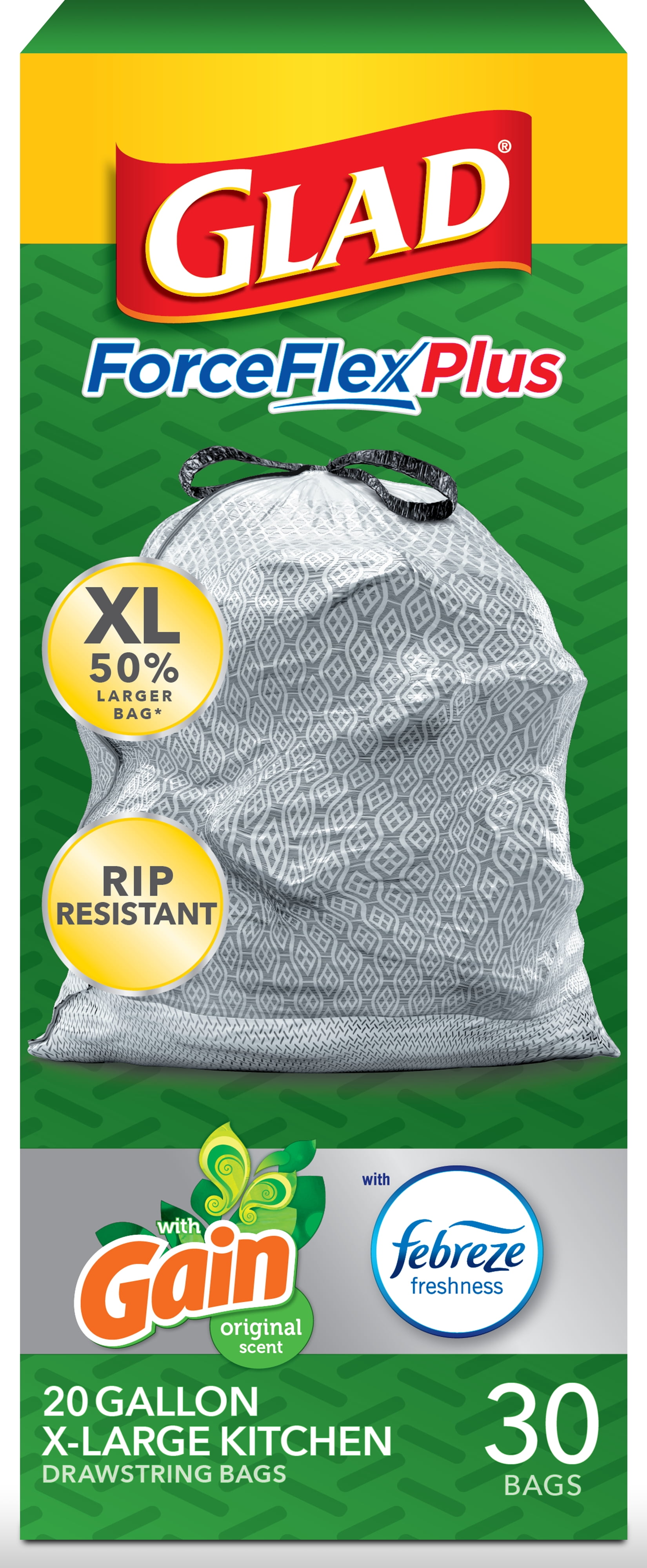 Glad ForceFlex MaxStrength Trash Bags, 20 Gal, Gain Original, Febreze ...