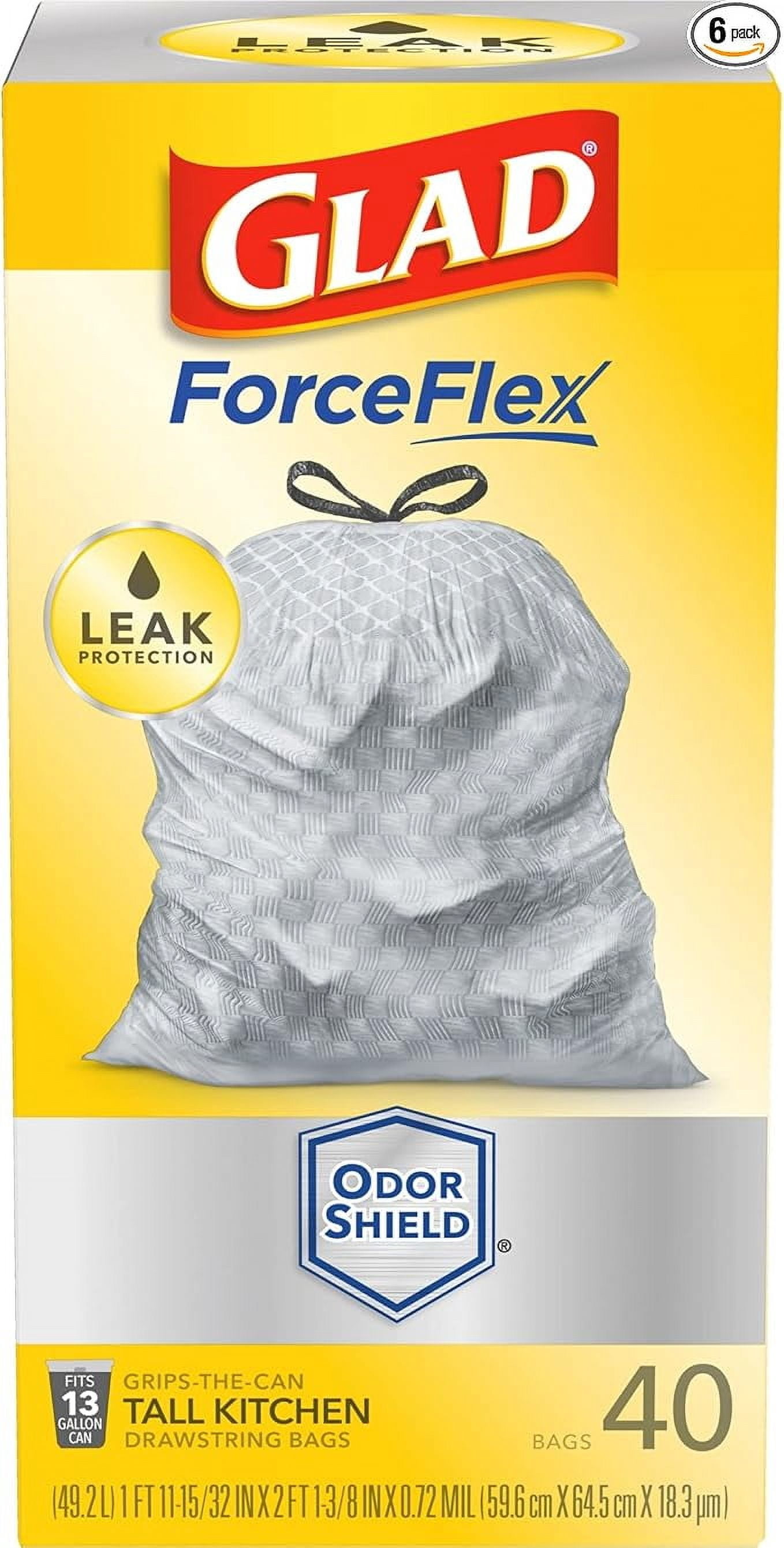 Glad ForceFlex Tall Kitchen Drawstring Trash Bags, 13 Gal, OdorShield ...