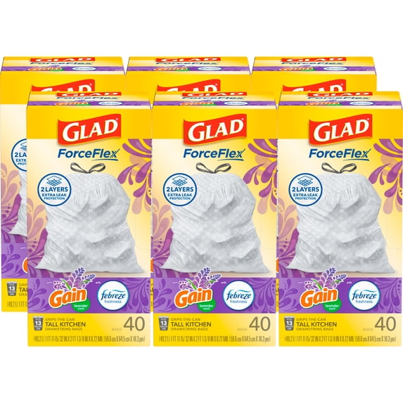 Glad Tall Kitchen Trash Bags, 13 Gal, Gain Lavender + Febreze 40ct ...