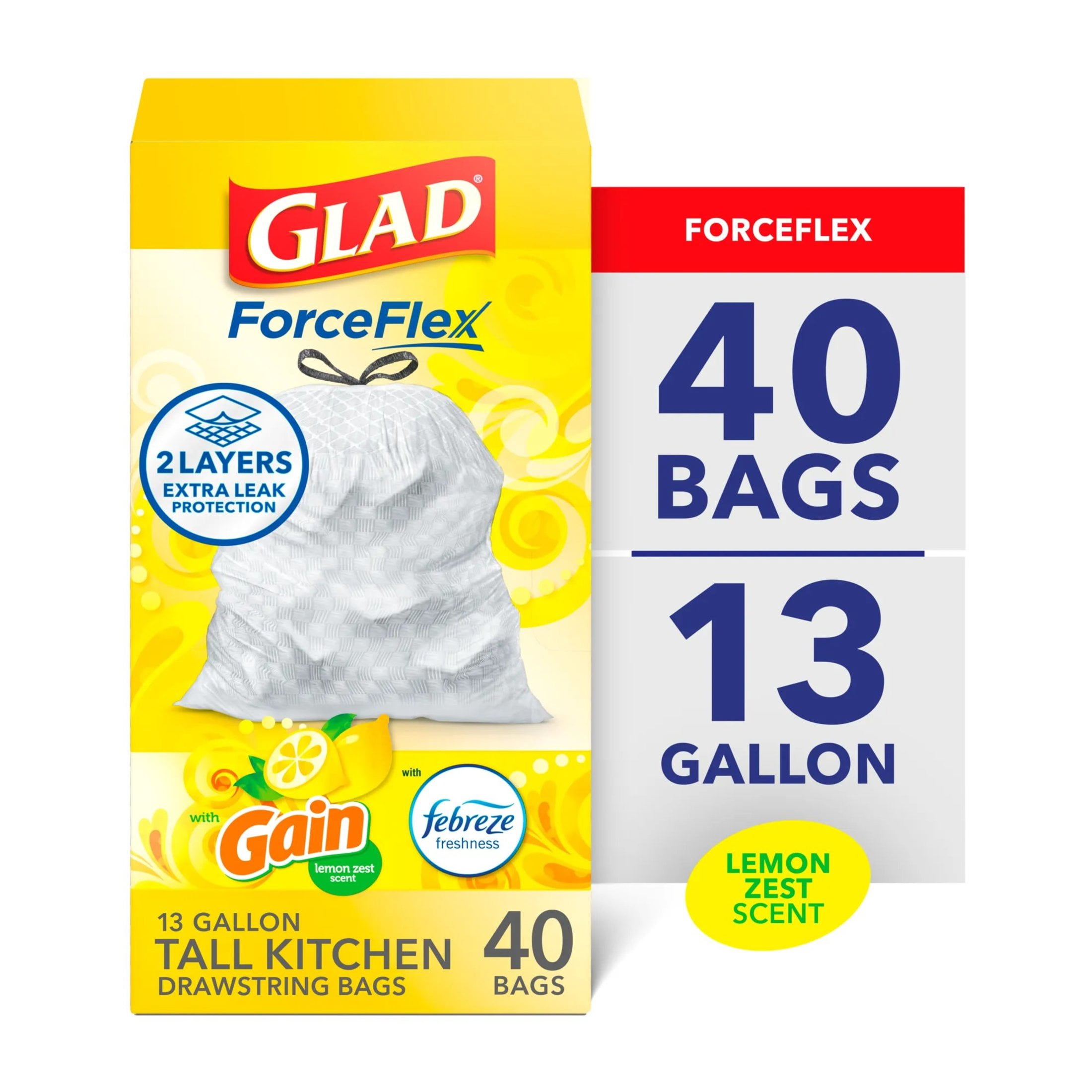 Glad OdorShield 13 Gallon Trash Bags - Febreze Lemon Scent - Leak ...