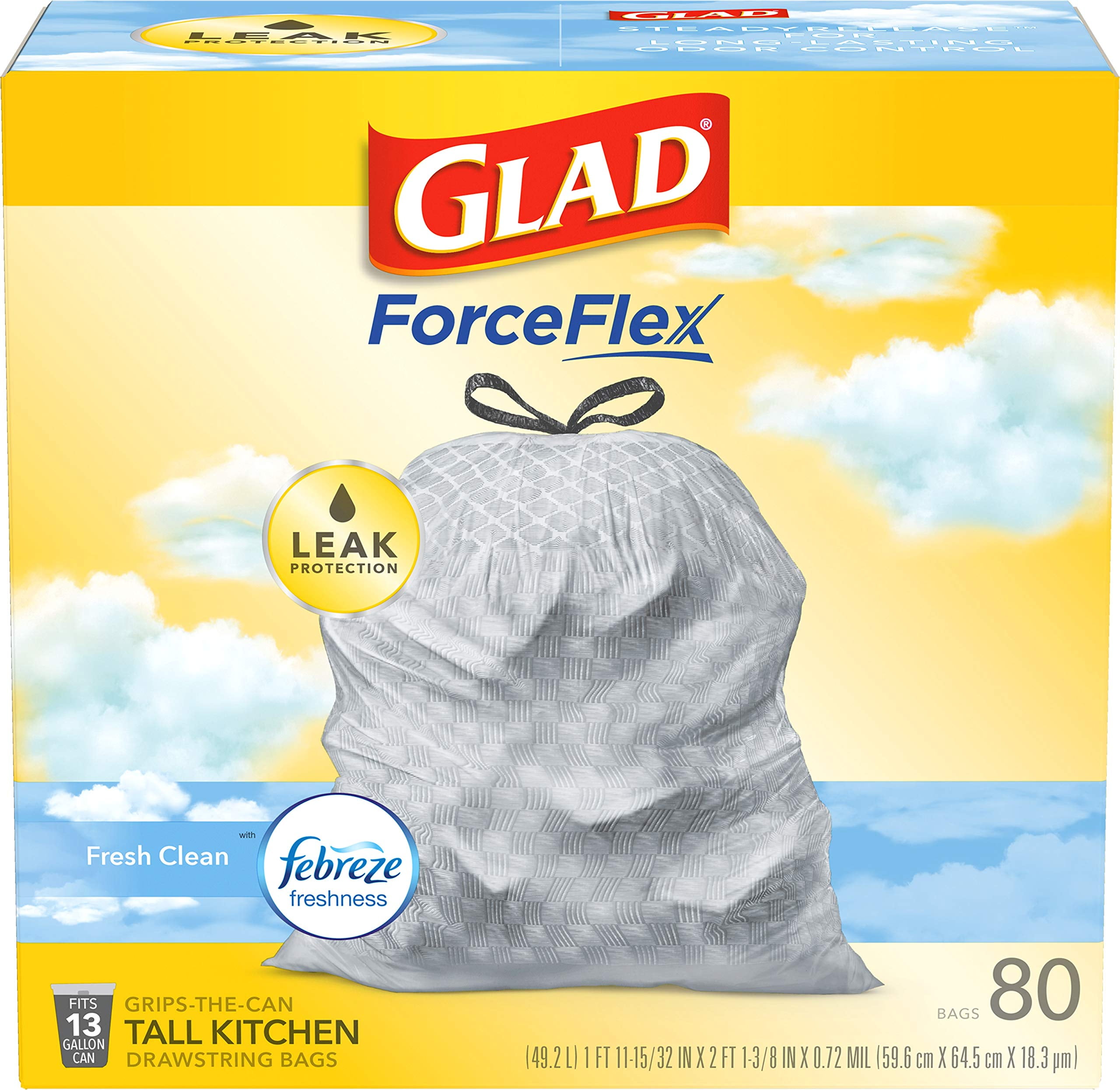 Glad Forceflex Tall Kitchen Drawstring Trash Bags, 13 Gallon, Febreze ...