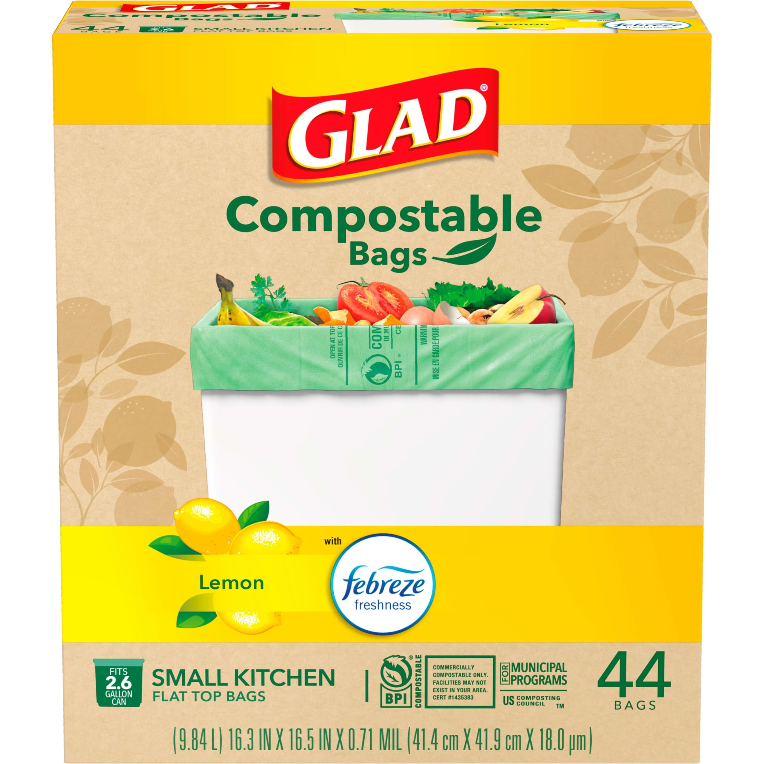 Glad Kitchen Compost Bags 2.6 Gallon 100% Compostable Bag, Febreze ...